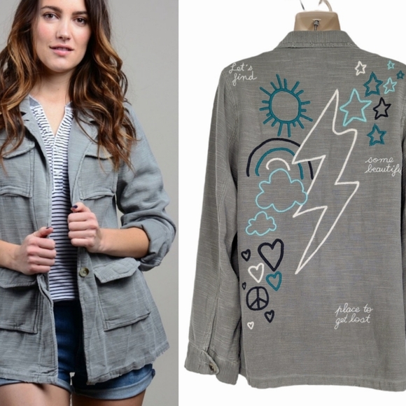 Sundry | Jackets & Coats | Sundry Shirting Embroidered Cotton Army ...